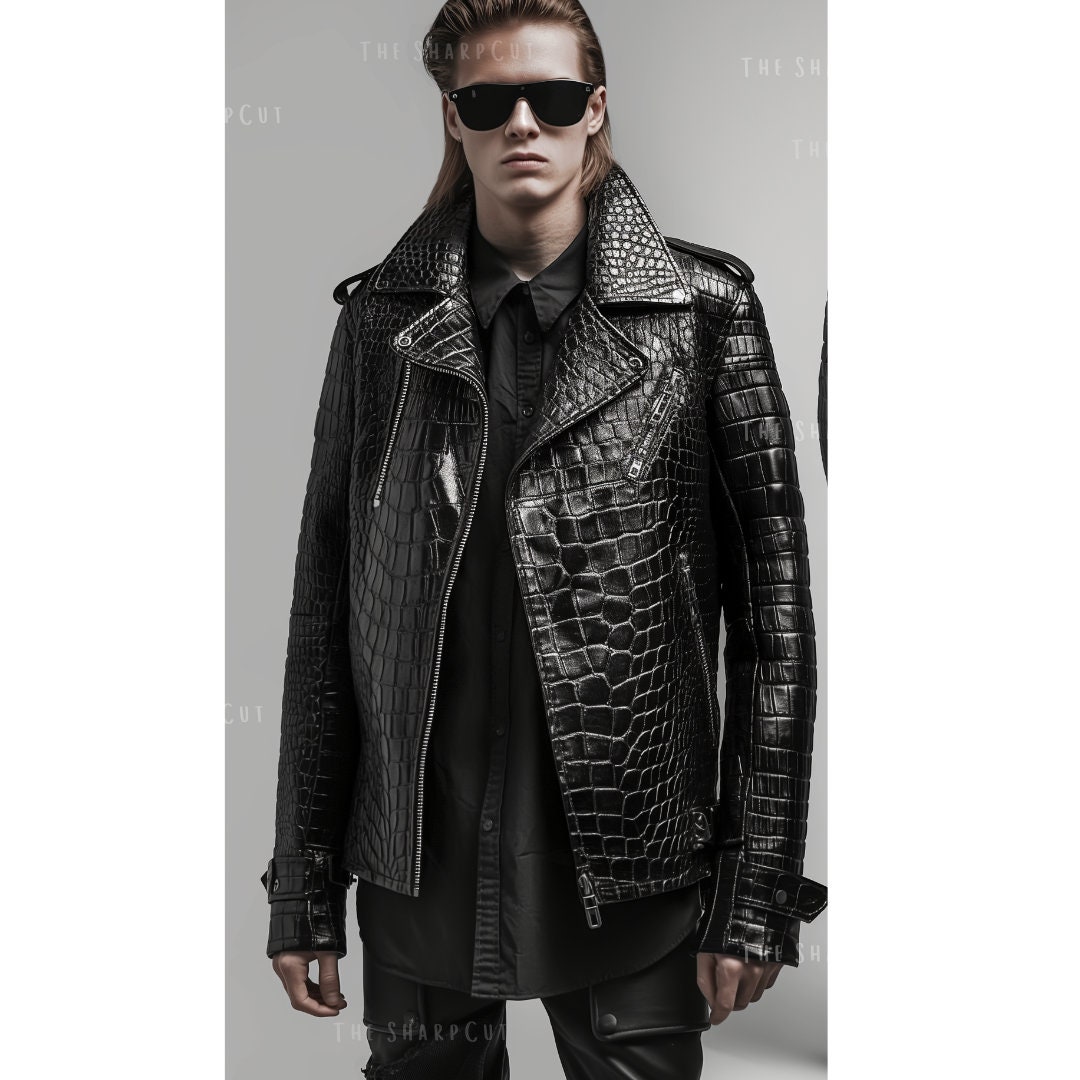 BLACK ALLIGATOR CROCODILE Leather Men Jacket Motorcycle Leather Jacket Gift for Him halloween ...