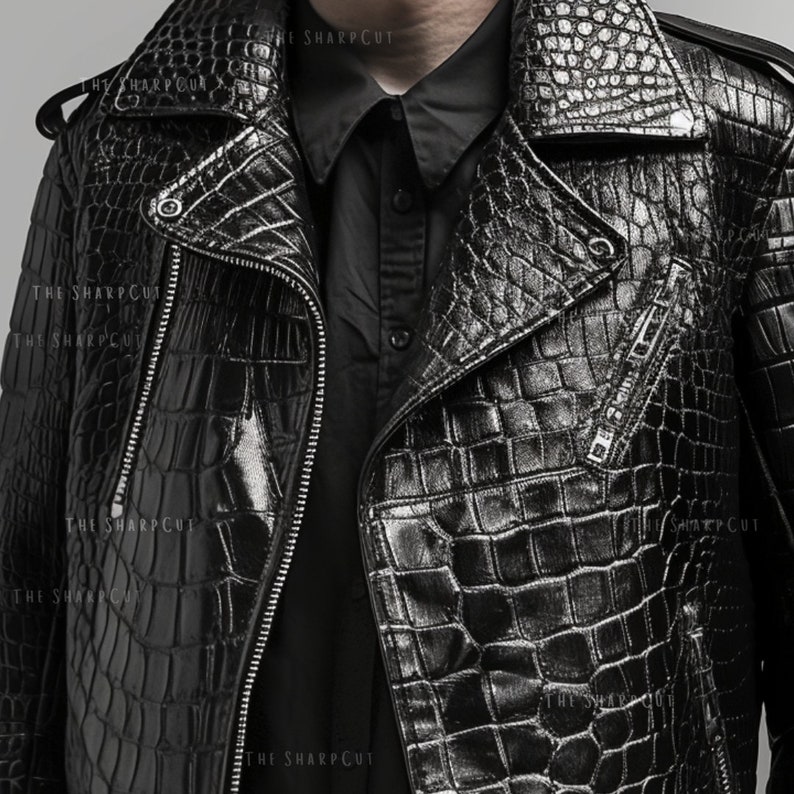 BLACK ALLIGATOR CROCODILE Leather Men Jacket Motorcycle Leather Jacket Gift for Him halloween ...