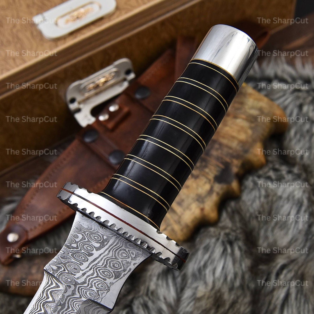Damascus Dagger With Beautiful Bull Horn Handle and Leather - Etsy