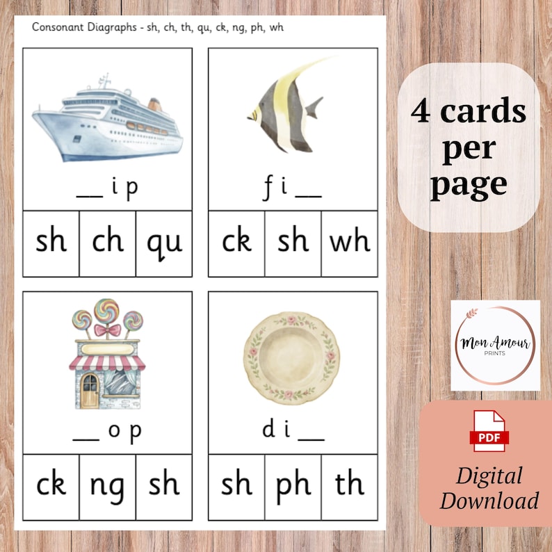 Consonant Digraph Phonics Clip Cards | Sh Ch Th Wh Ph Ng Ck Qu ...