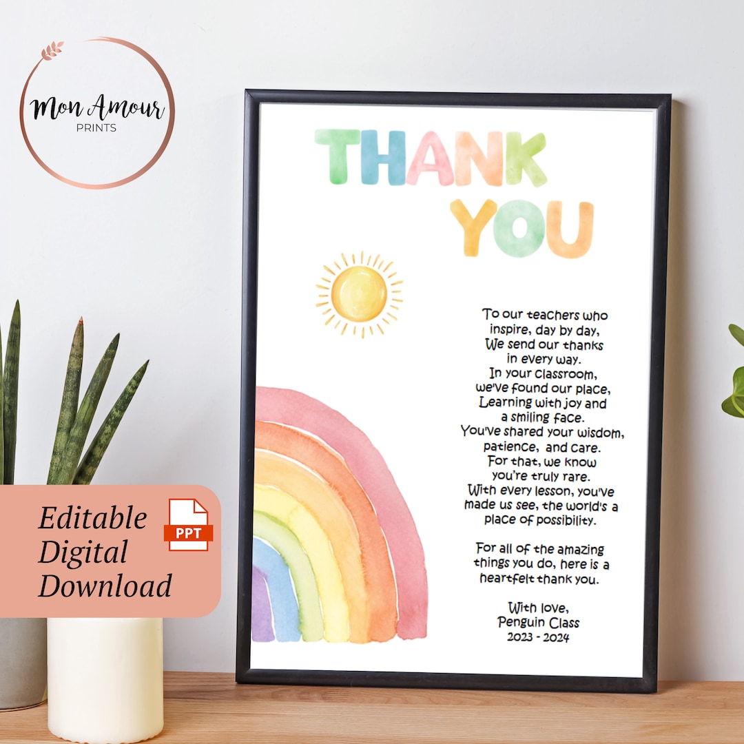 Editable Thank You Teacher Poem | End of Year Gift | Teacher Farewell ...