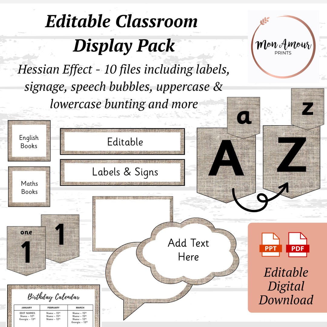 Editable Classroom Display Pack | Signs & Bunting | Hessian Bulletin ...