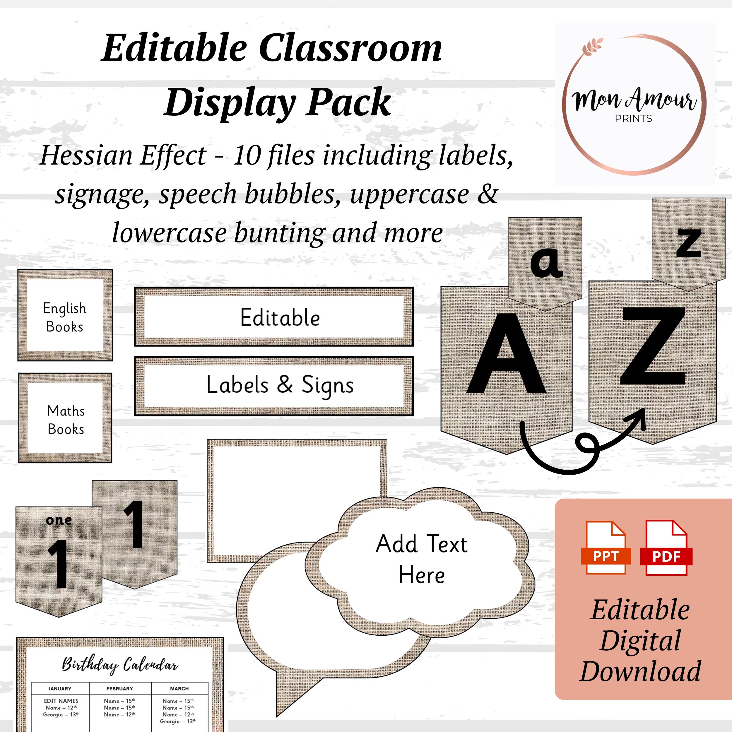 Editable Classroom Display Pack | Signs & Bunting | Hessian Bulletin ...
