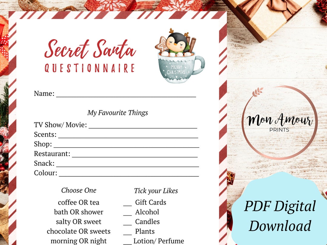 Printable Secret Santa Gift Questionnaire Christmas Gift Exchange Gift ...