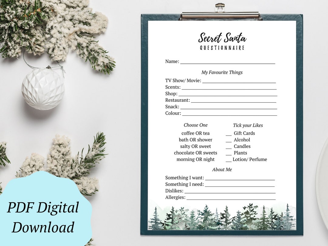 Printable Secret Santa Gift Questionnaire Christmas Gift - Etsy