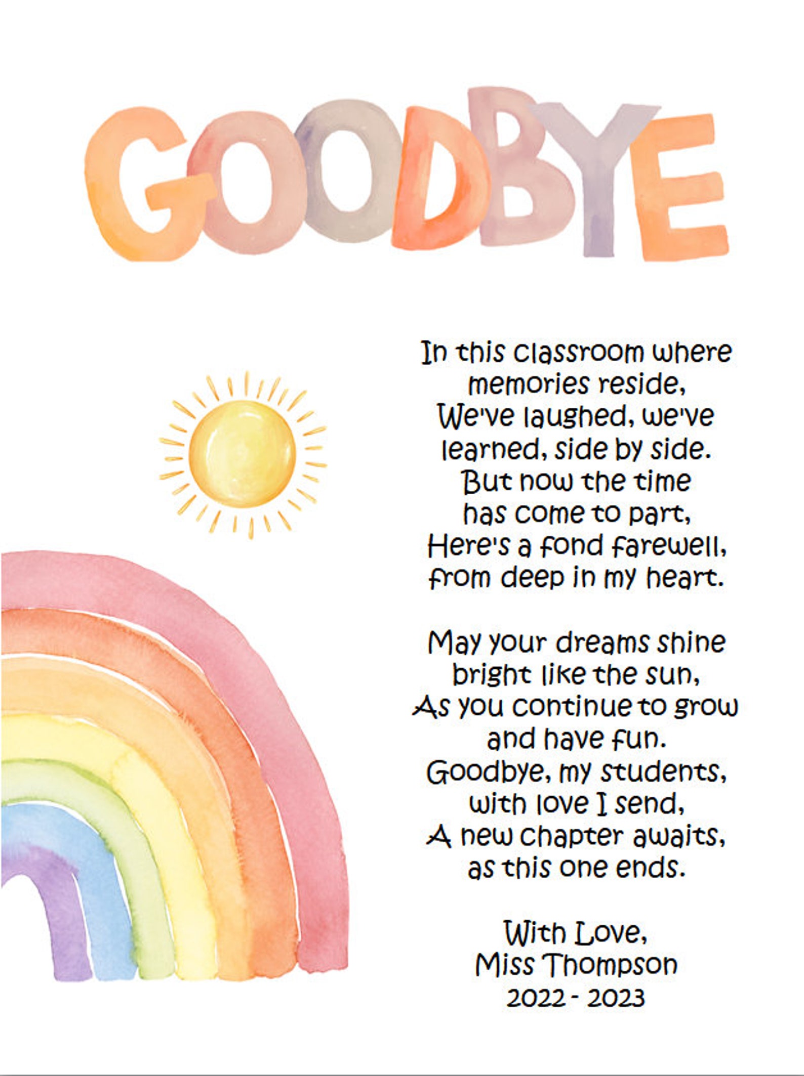 Editable End of Year Poem | Goodbye Print for Students | End of School Letter | School Leavers ...