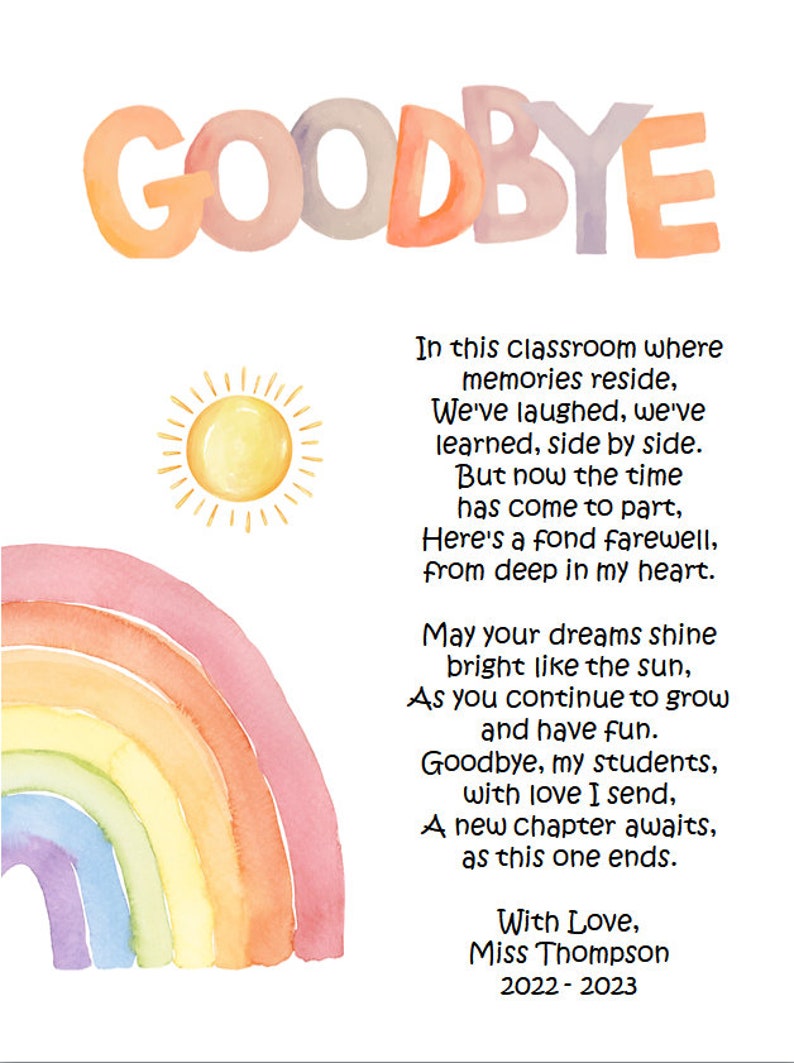 Editable End of Year Poem | Goodbye Print for Students | End of School ...