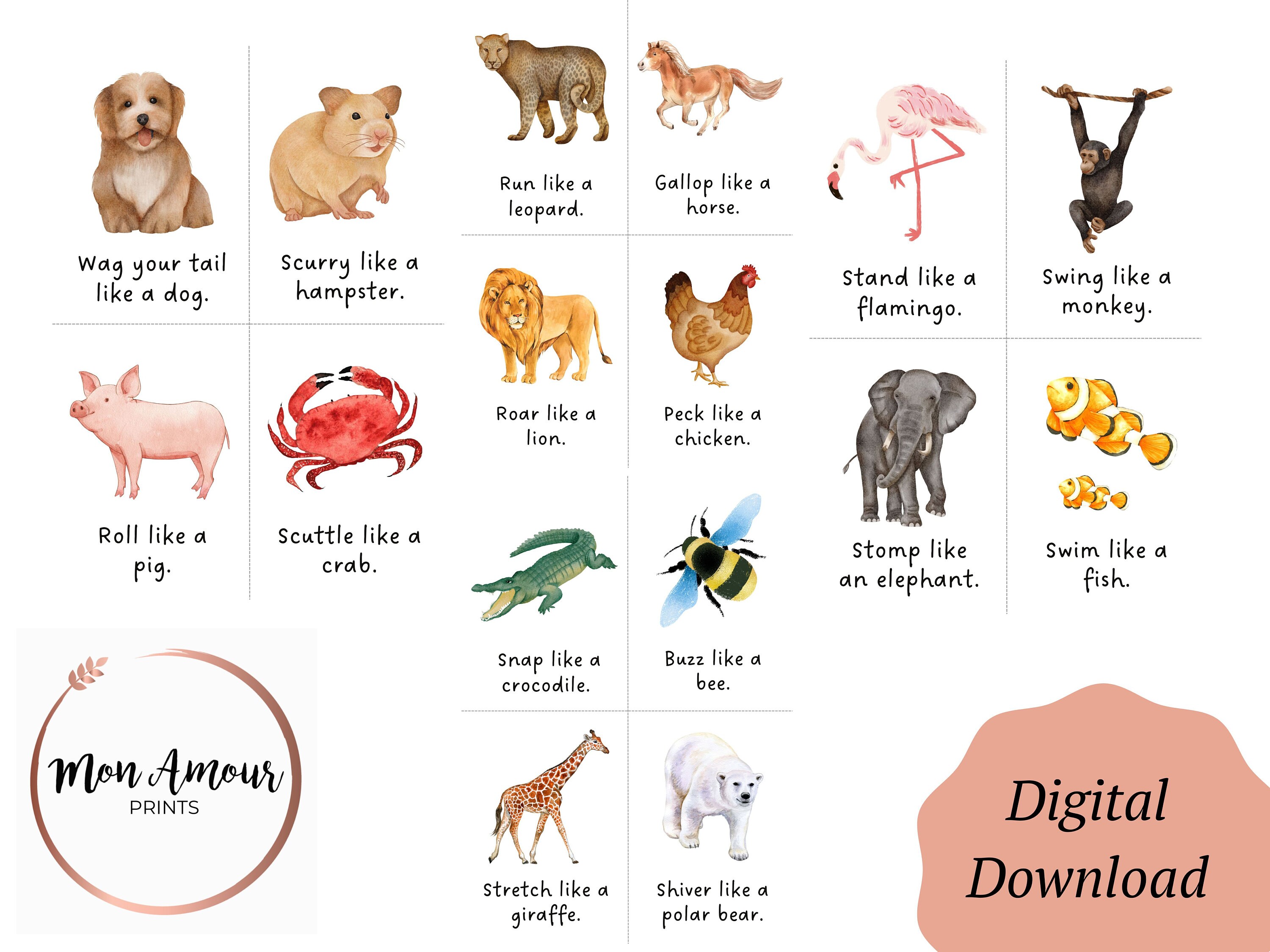 Animal Movement Cards | Fitness Flashcards | Animal Actions | Brain ...
