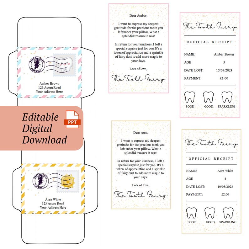 Mini Tooth Fairy Letter Tooth Fairy Receipt and Envelope Child's Lost Tooth Editable Kids Letter ...