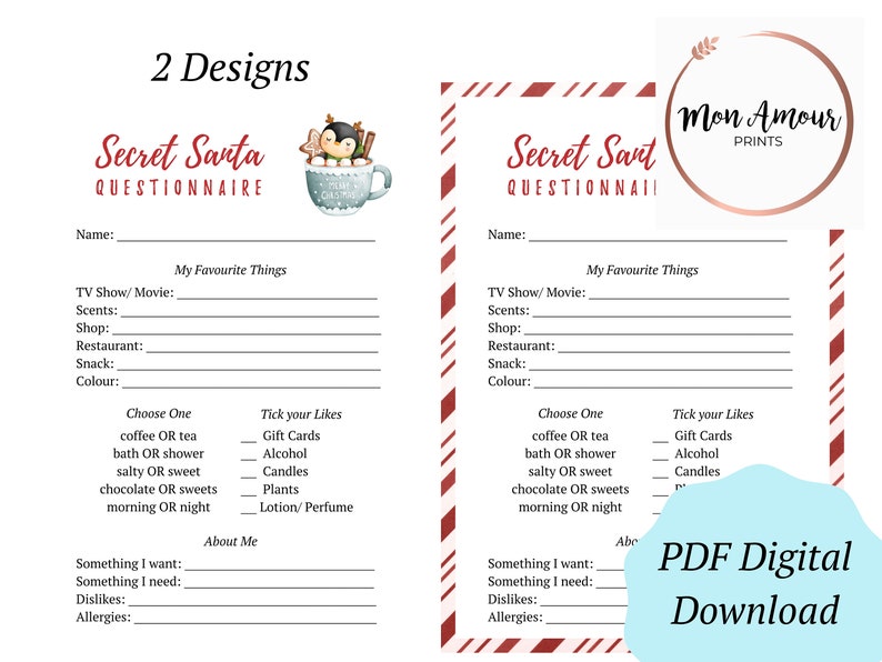 Printable Secret Santa Gift Questionnaire Christmas Gift Exchange Gift ...