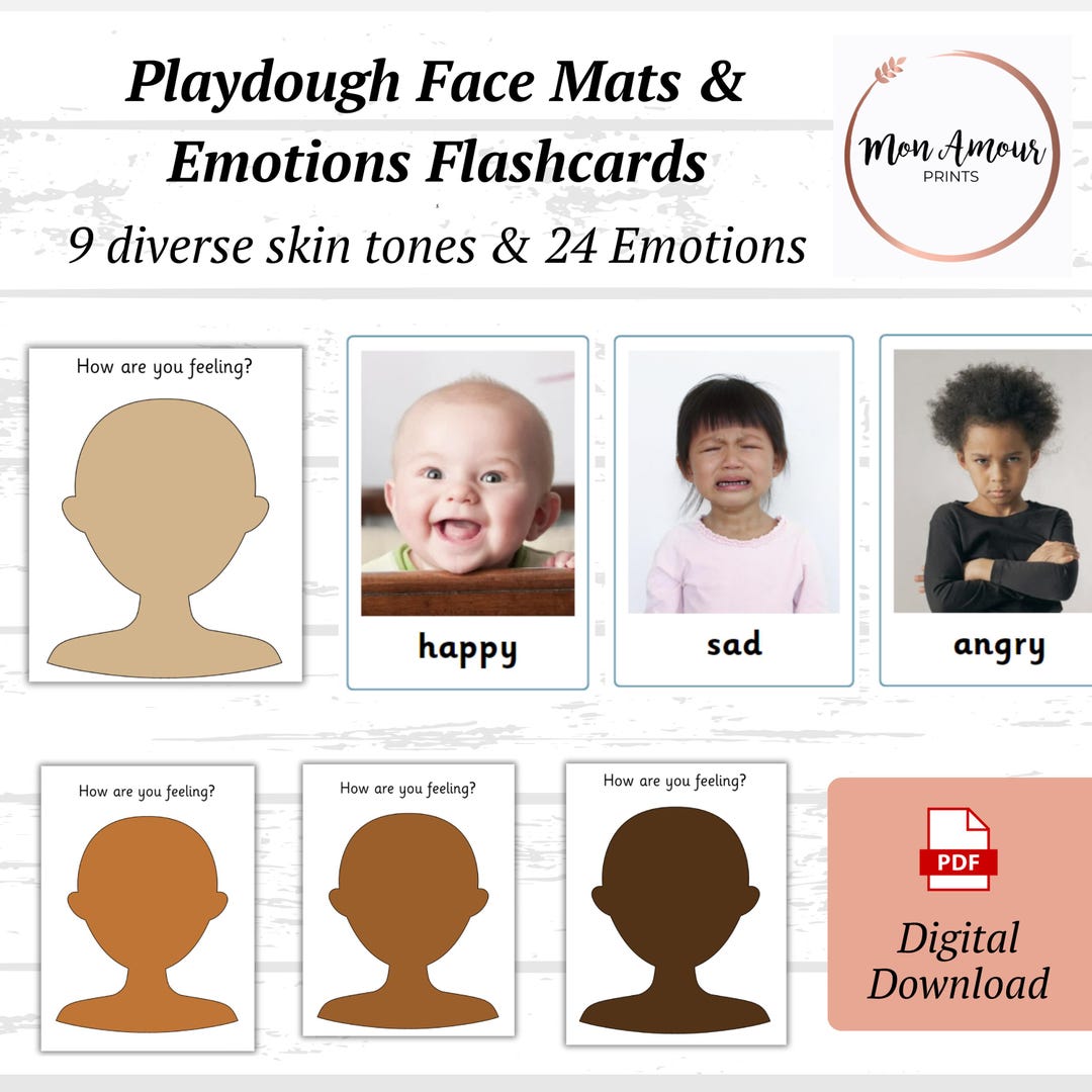 Playdough Face Mats & 24 Emotions Flashcards | 9 Diverse Skin Tones ...