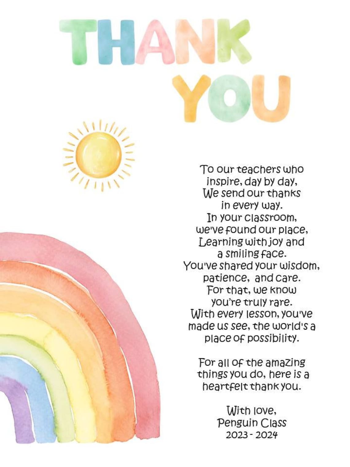 Editable Thank You Teacher Poem | End of Year Gift | Teacher Farewell ...