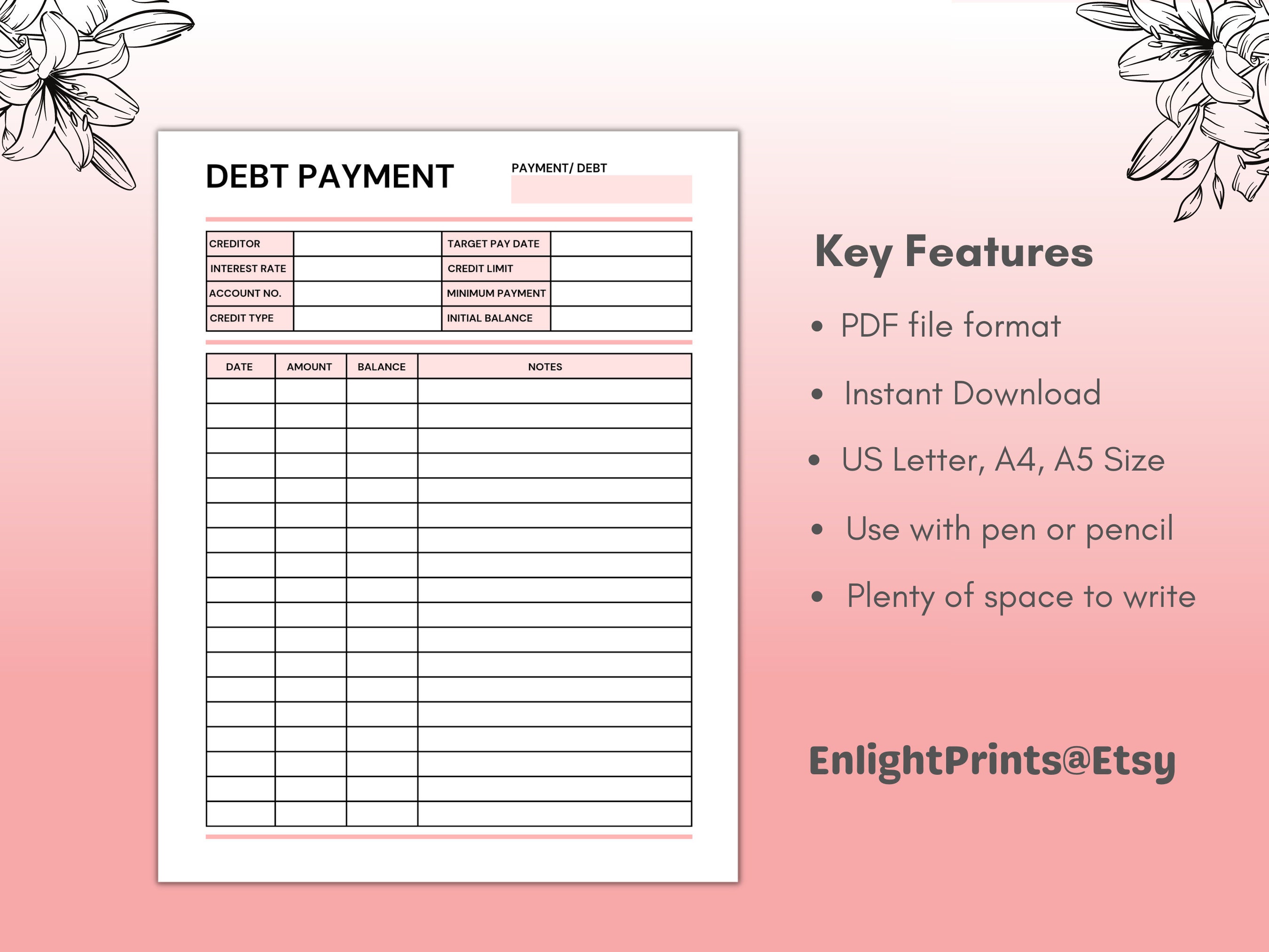 Debt Payment Tracker Printable, Debt Payment Log, Debt Payoff Log, Debt ...
