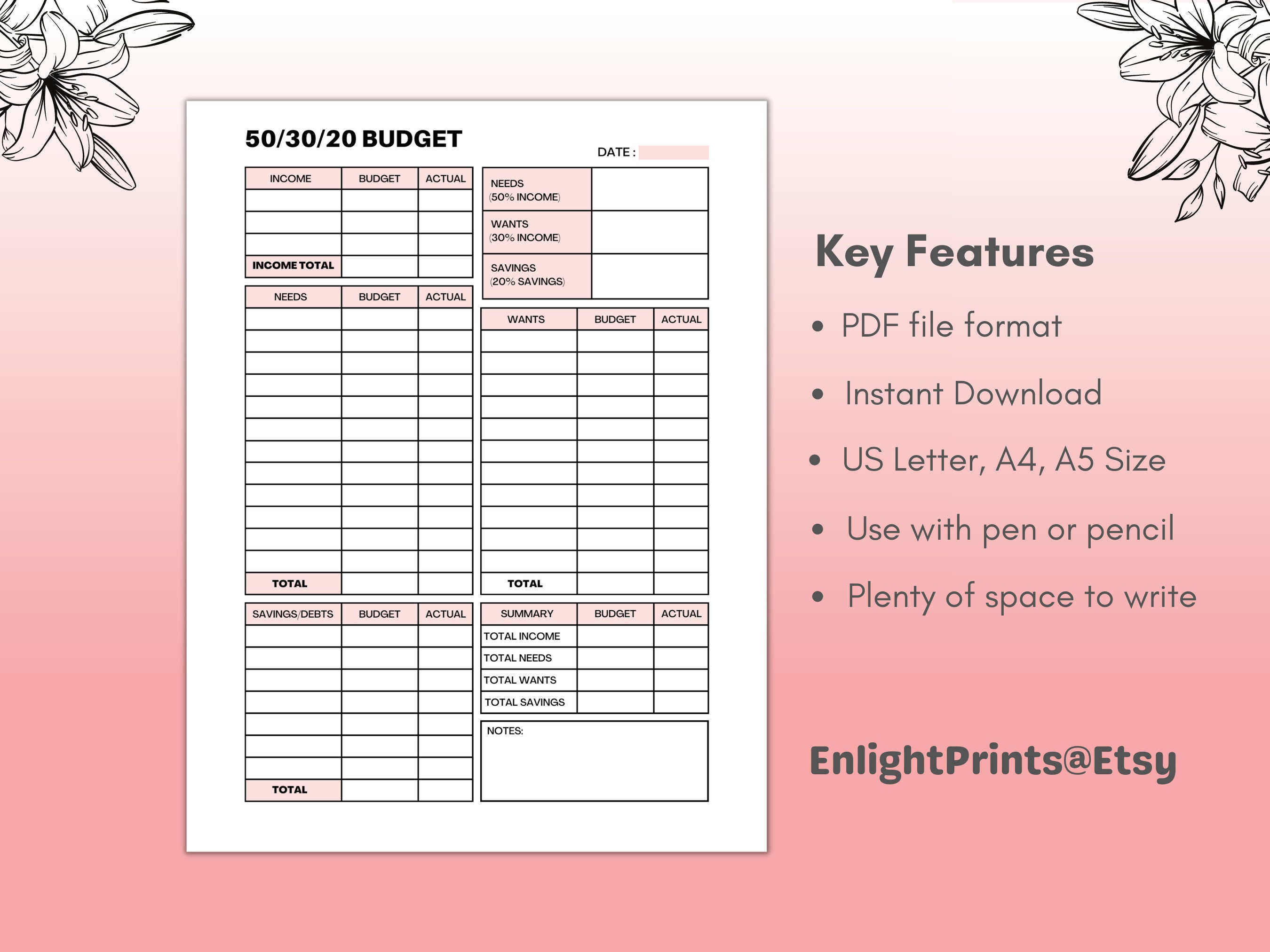 50/30/20 Budget Planner Savings Tracker Money Management - Etsy