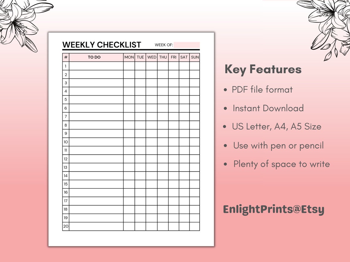 Weekly Checklist Printable, to Do List Template, Weekly Checklist ...