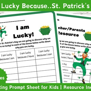 St. Patrick's Day Kids Writing Prompts ' I'm Lucky Because' St Patricks ...