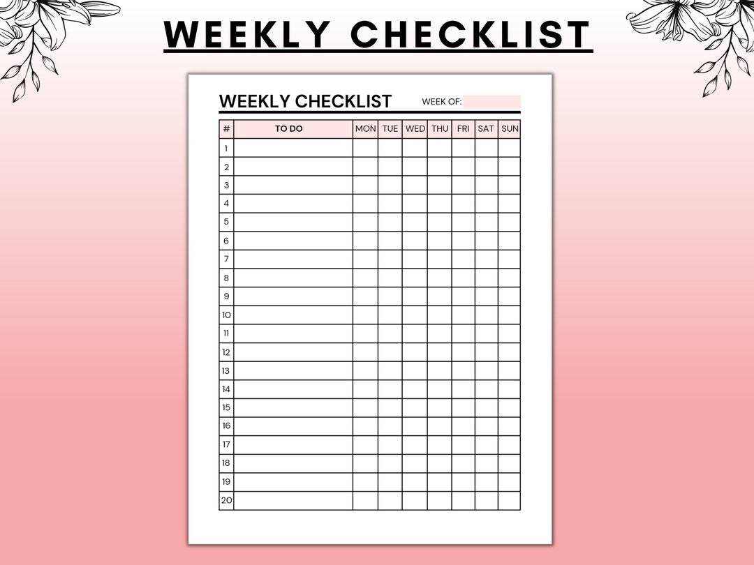 Weekly Checklist Printable, to Do List, Planner Inserts (a4/letter/a5 ...