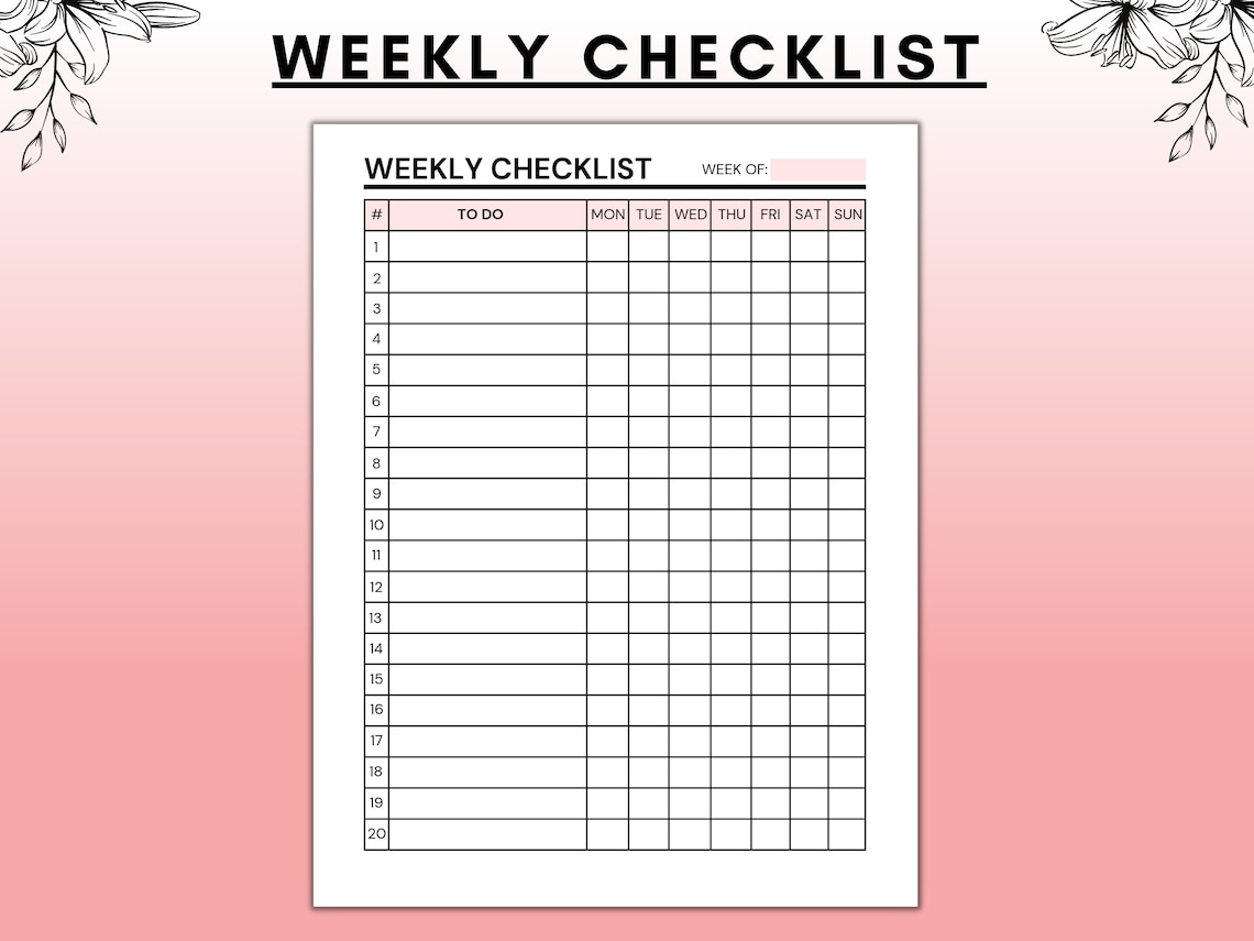 Weekly Checklist Printable, to Do List, Planner Inserts (a4/letter/a5 ...