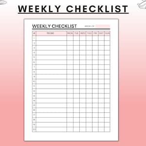Weekly Checklist Printable, to Do List Template, Weekly Checklist ...