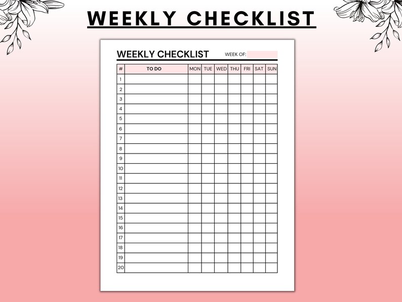 Weekly Checklist Printable, to Do List Template, Weekly Checklist ...