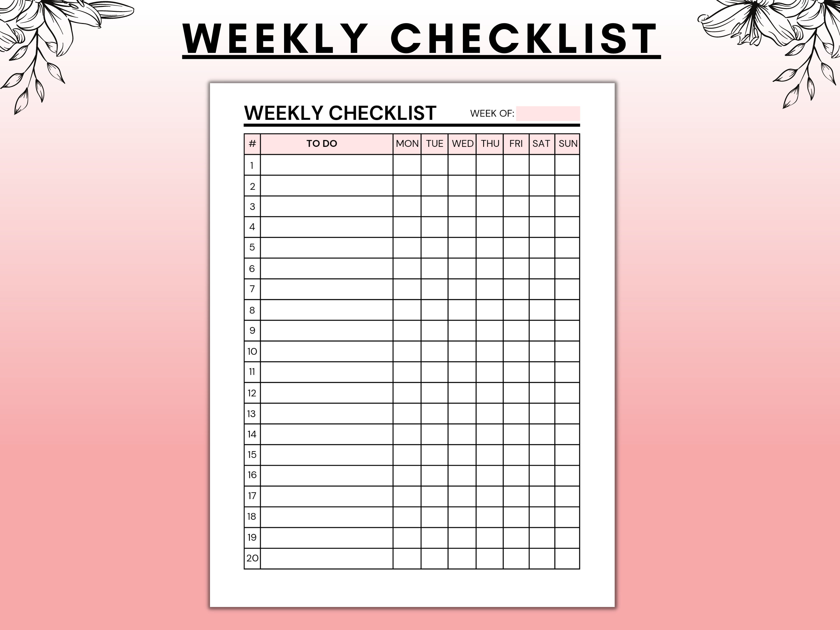 Weekly Checklist Printable, to Do List, Planner Inserts (a4/letter/a5 ...