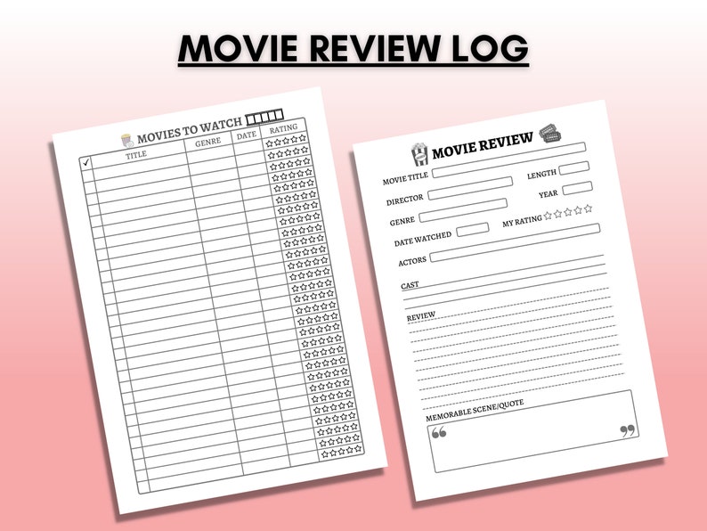 Movie Review Log, Film Review Sheet, Movies to Watch List - Movie ...