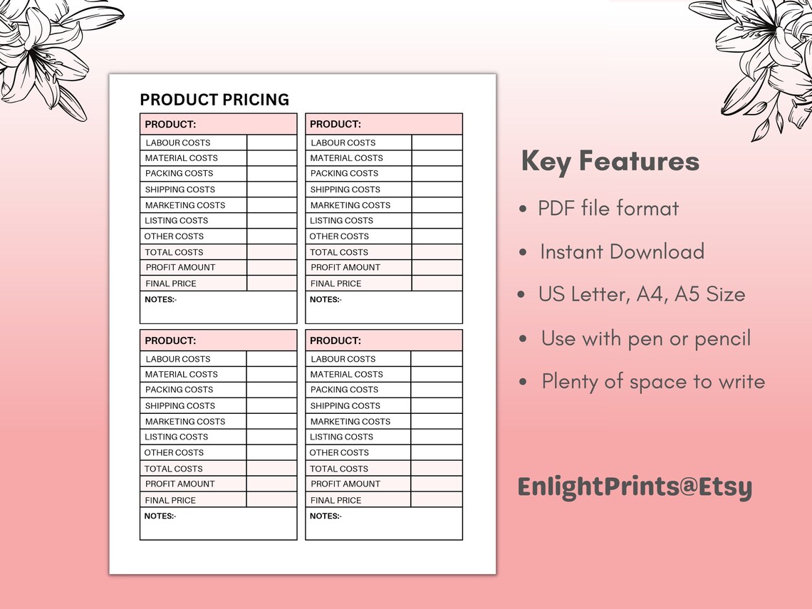 Product Pricing Template, Product Price Calculator, Business Costs, Product Pricing Worksheet ...
