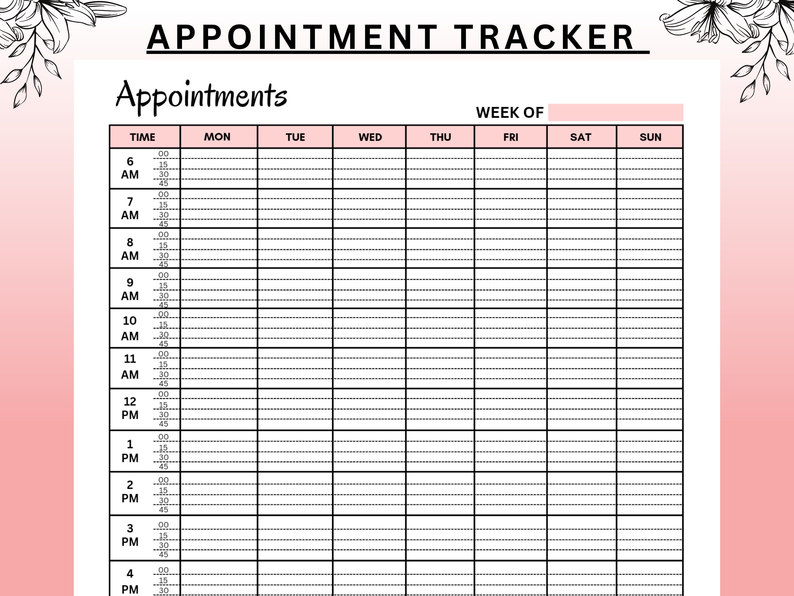 Appointment Tracker, 15 Minute Interval Appointment Tracker ...