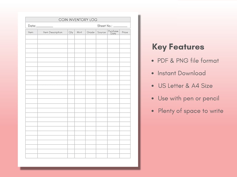 Coin Inventory Log, Coin Collection, , Collectible Coin Inventory Log ...