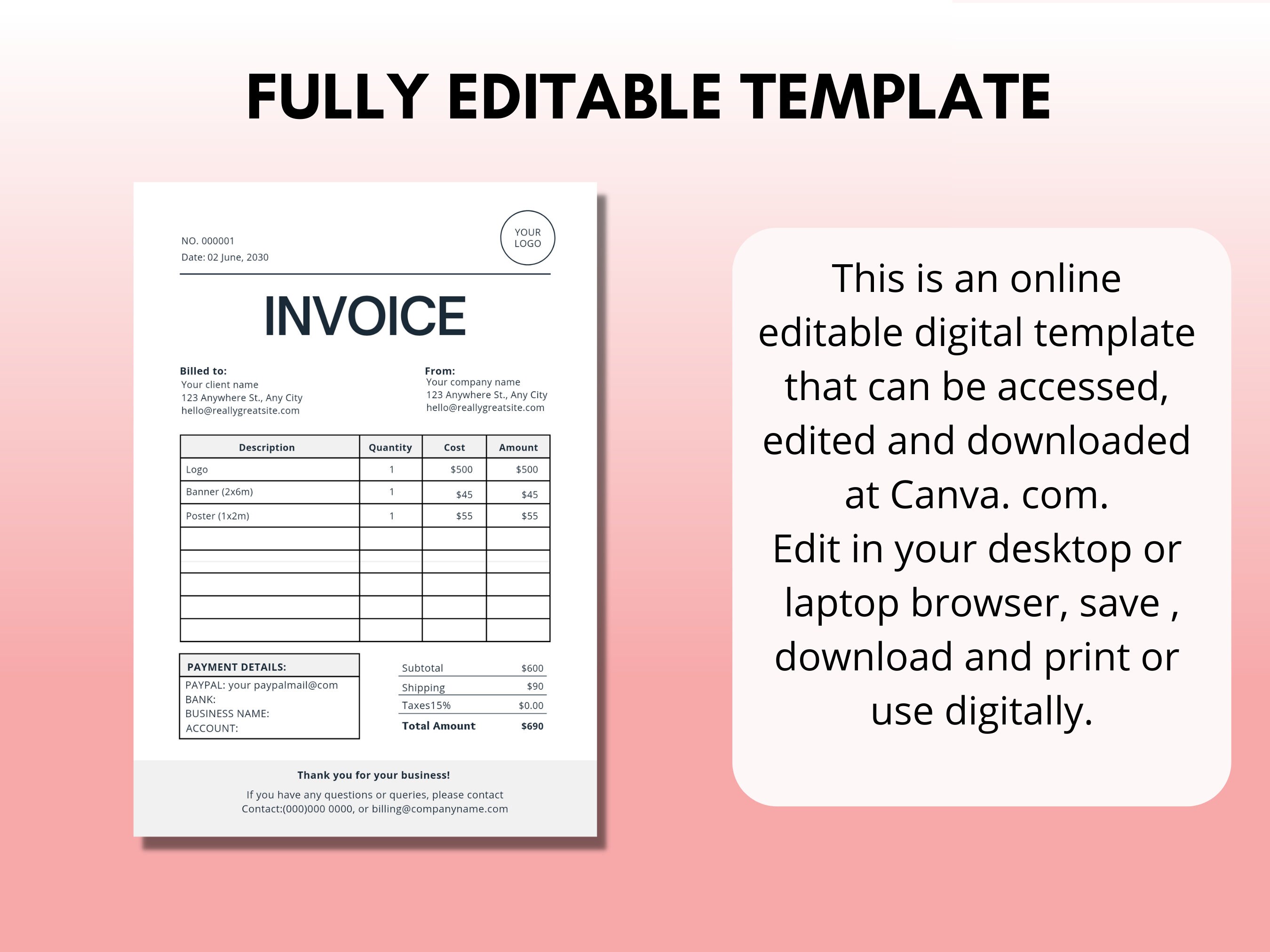 Plantilla de factura: editable en Canva. Factura comercial - Etsy España