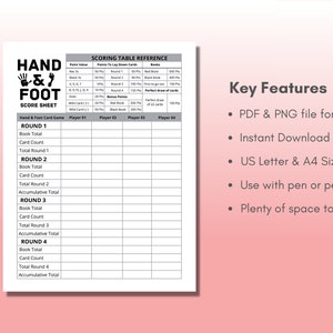 Hand and Foot Score Sheet, Hand and Foot Score Card, Hand and Foot ...