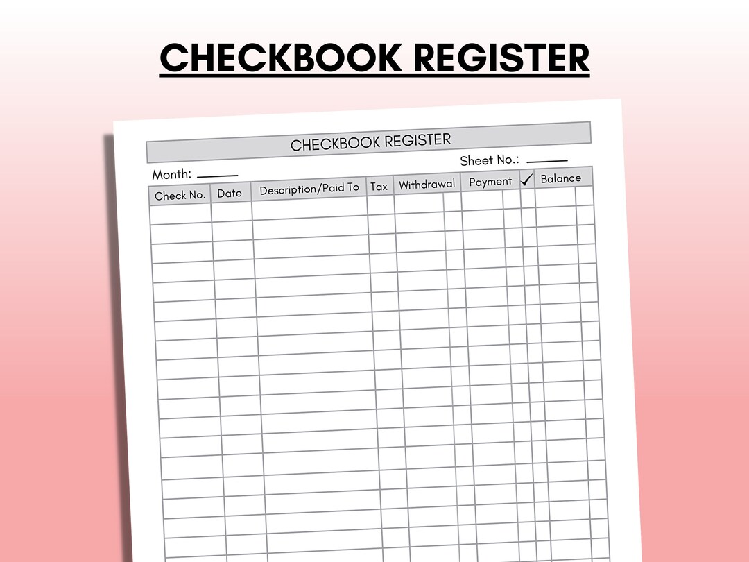 Checkbook Register Printable, Check Register Printable, Financial ...