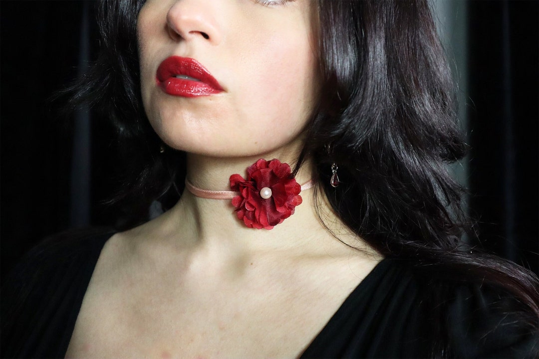 Unique Handmade Red Flower Choker Necklace Womens Neck Corsage Upcycled ...