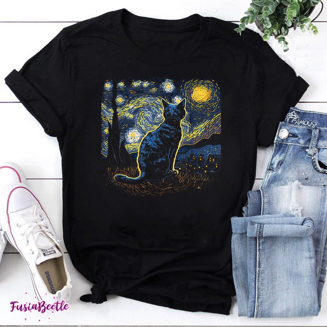 Starry Night Inspired Cat Gifts Funny Cat Vintage T-shirt, Starry Night ...