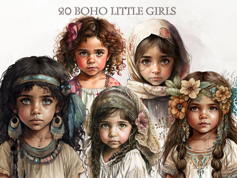 Boho Little Girl Clipart Digital Illustration Bundle PNG - Etsy