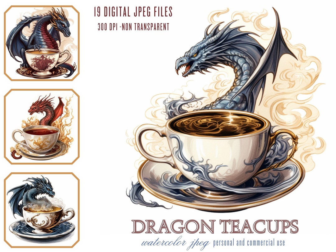 Colorful Fantasy Dragon in a Vintage Teacup Clipart, Magic Tea Time ...