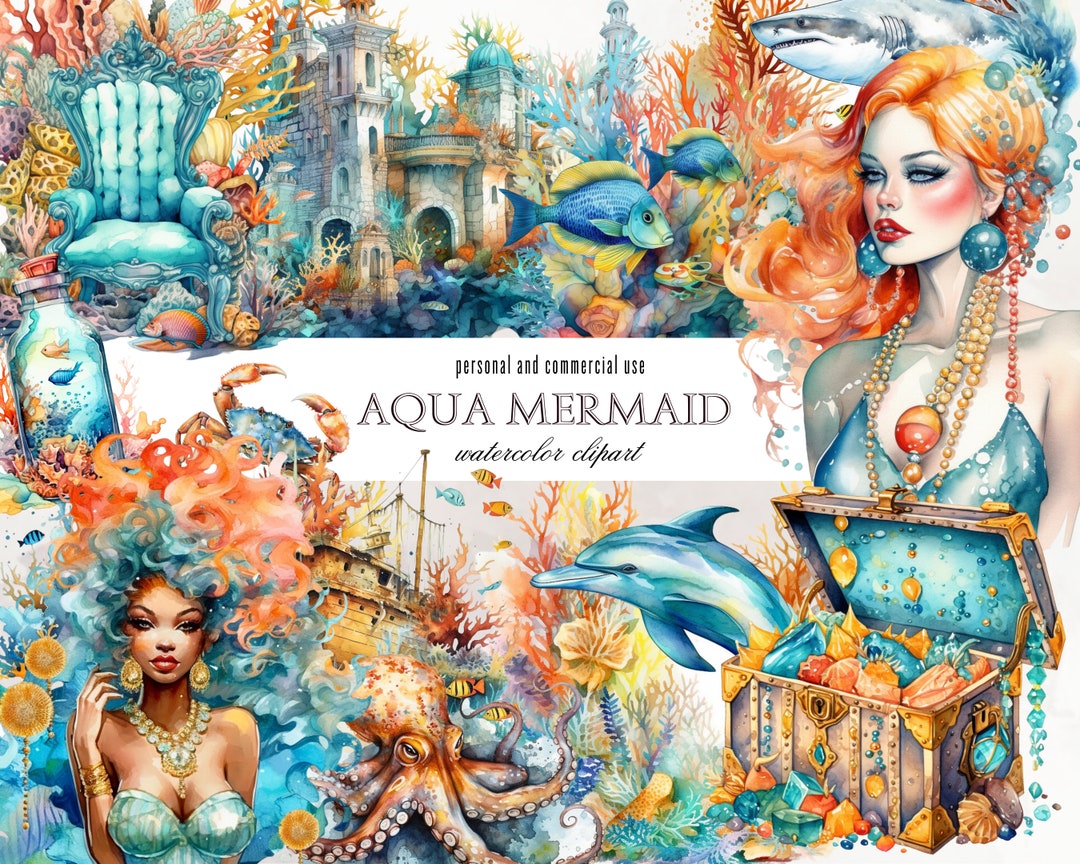 Aqua Mermaid Clipart PNG Bundle Watercolor Underwater Mermaids Fantasy ...