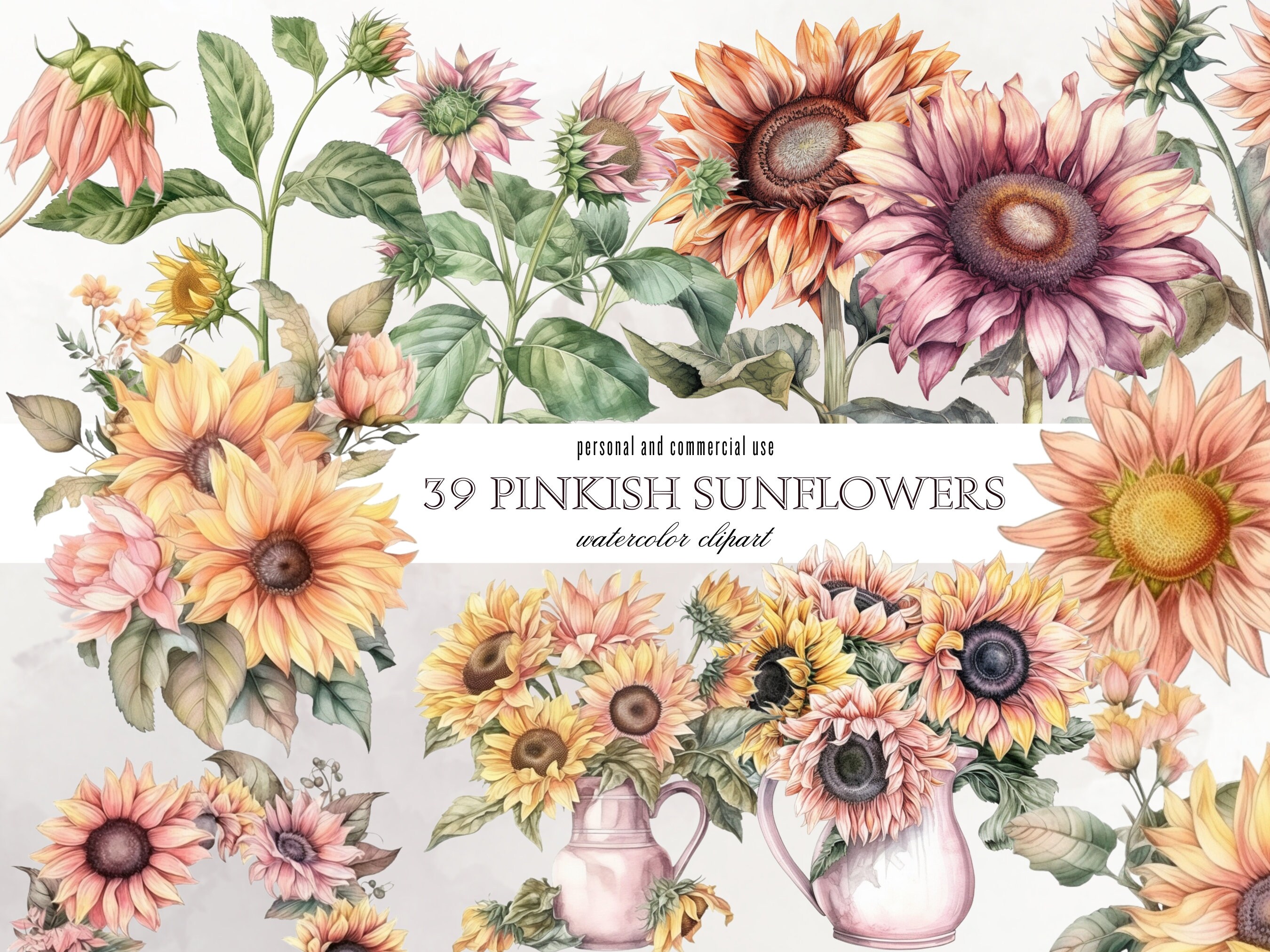 Pink Sunflowers PNG Clipart Files Watercolor Fall Floral - Etsy