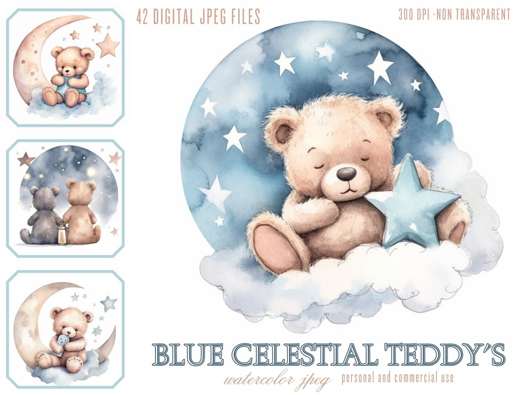 Blue Teddy Bear Nursery Clipart JPG, Watercolor Digital Illustration ...