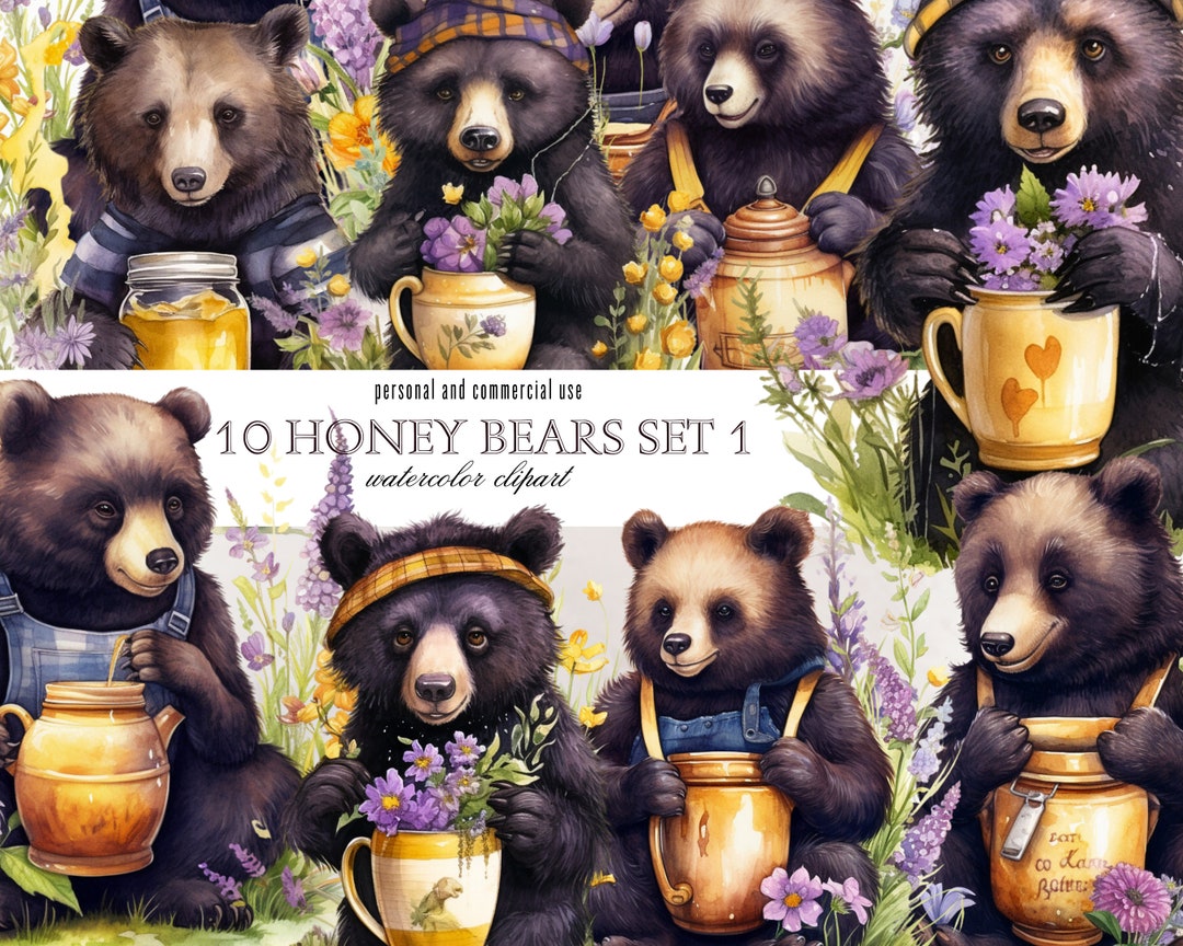 Watercolor Black Bears Clipart Bundle Honey Bear Theme With Floral ...