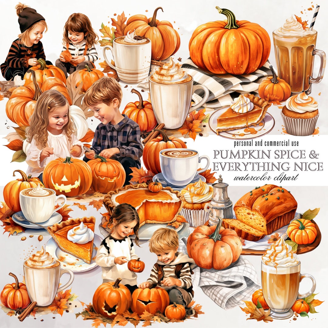 Pumpkin Spice Watercolor Clipart Bundle, Autumn Pumpkin Carving Clipart ...