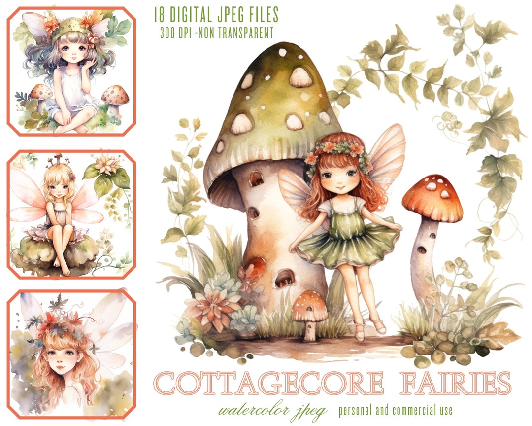 Cottagecore Fairies With Wings Digital Illustration Bundle, Watercolor ...