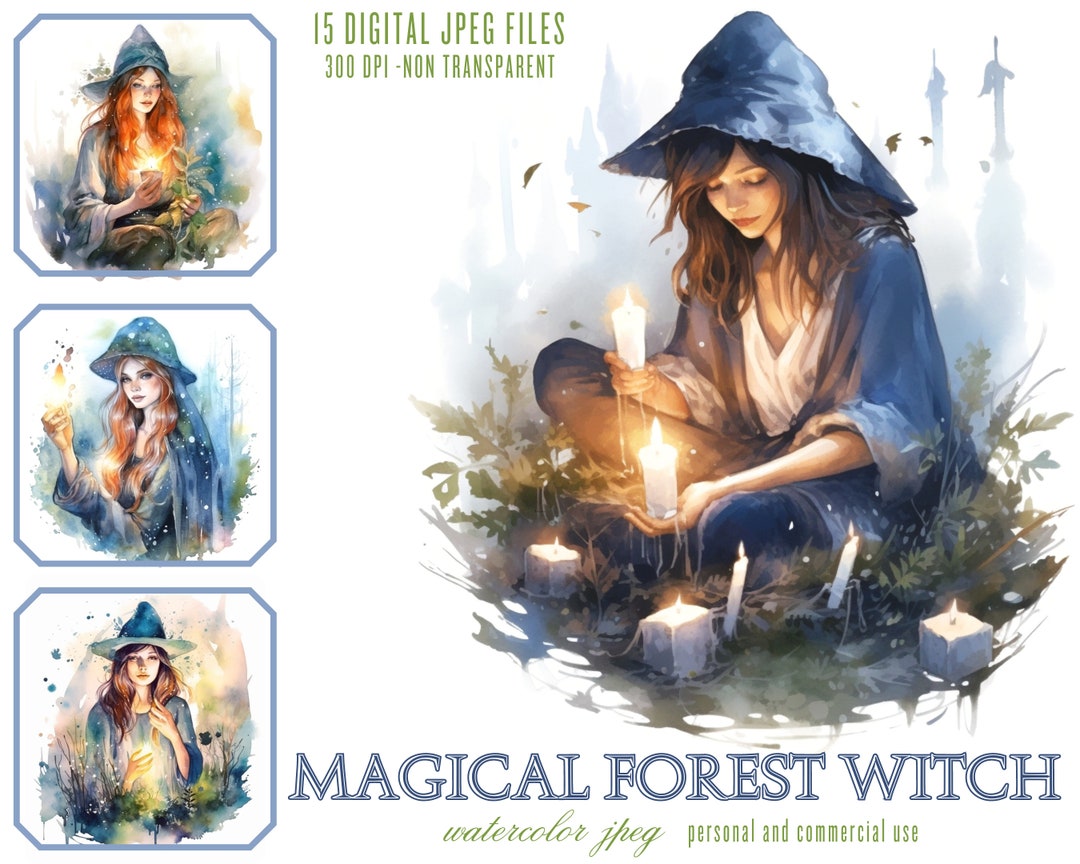 Magical Forest Witch Digital Illustration Bundle, Witchy JPG Files for ...