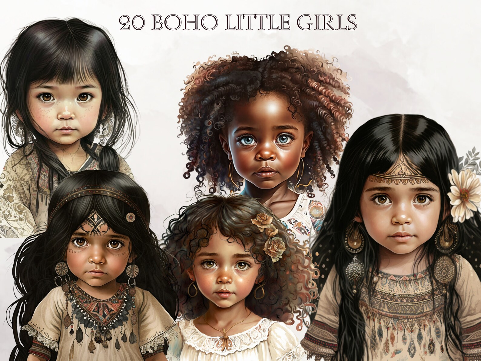 Boho Little Girl Clipart Digital Illustration Bundle PNG - Etsy