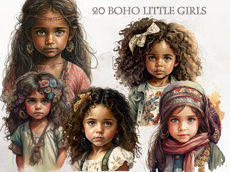 Boho Little Girl Clipart Digital Illustration Bundle PNG - Etsy