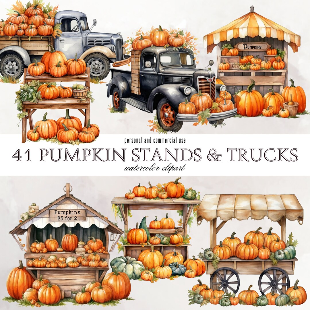 Pumpkin Stands Trucks and Carts, Watercolor Clipart Bundle, Autumn ...