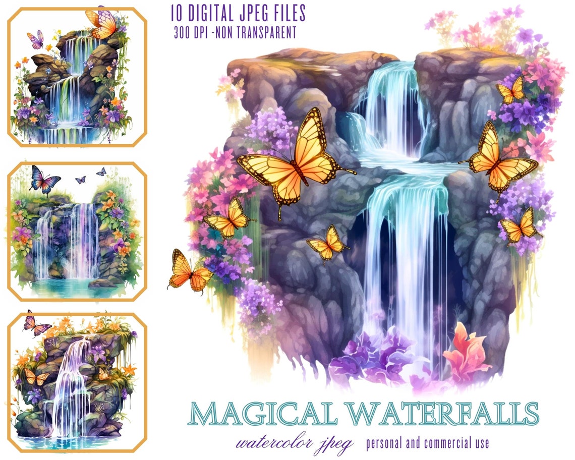 Magical Waterfall Fairy Fantasy Clipart Watercolor Landscape - Etsy