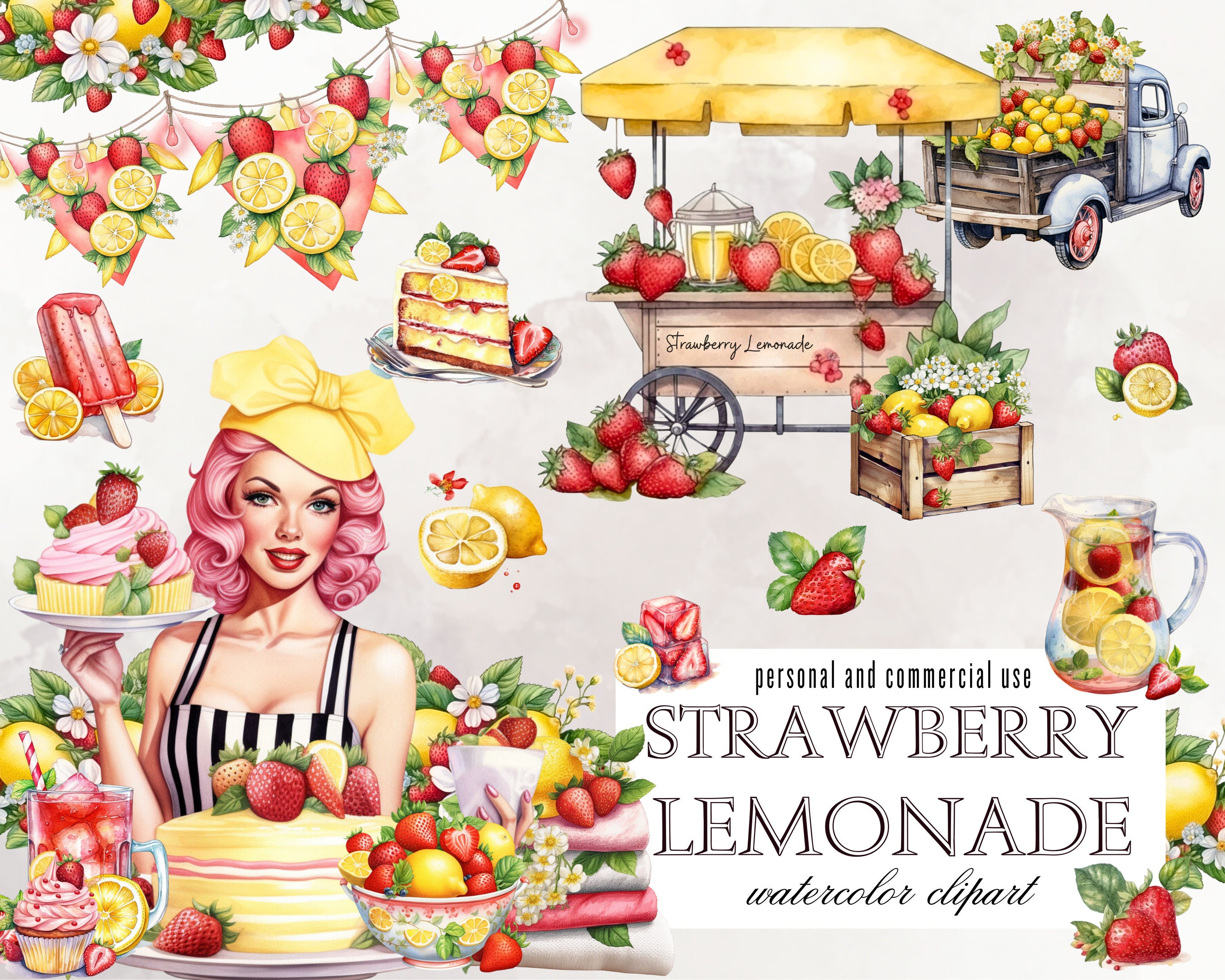Watercolor Strawberry Lemonade Clipart, Summer Drink PNG Bundle - Etsy