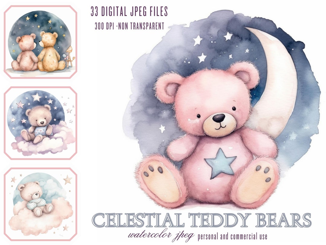 Pink Teddy Bear Nursery Clipart JPG, Watercolor Digital Illustration ...