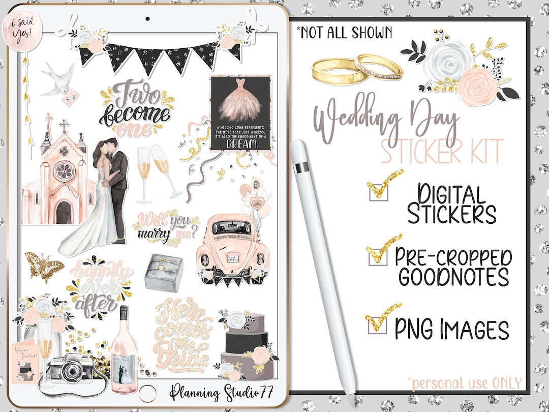 WEDDING Digital Stickers, Bridal Pre-cropped Digital Planner Stickers ...